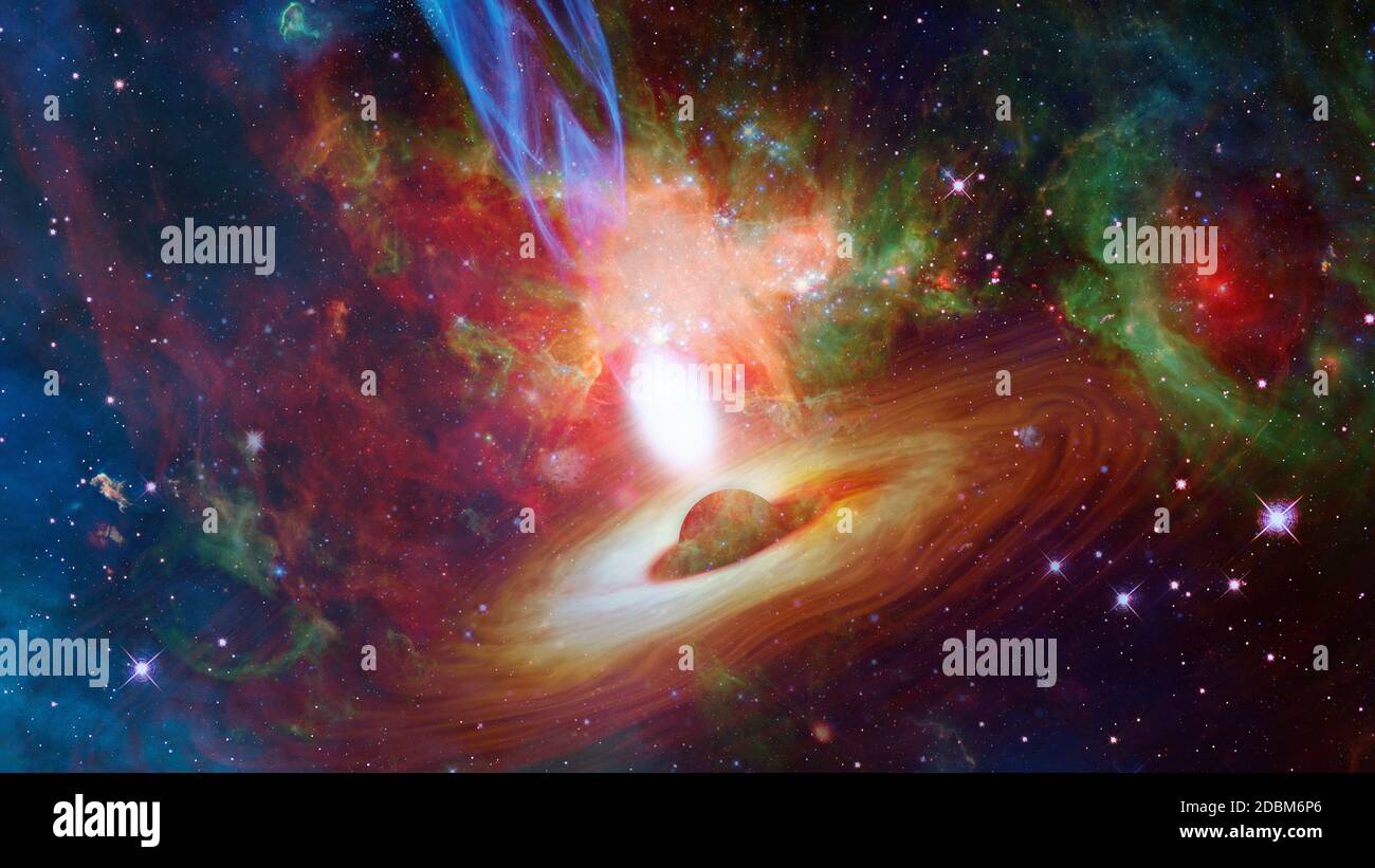 Scientific astronomical background - bright quasar in deep space ...