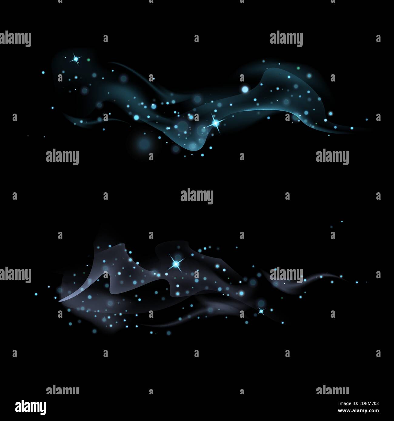 Set of light blue magic smokes with stars on dark background. Magical ...