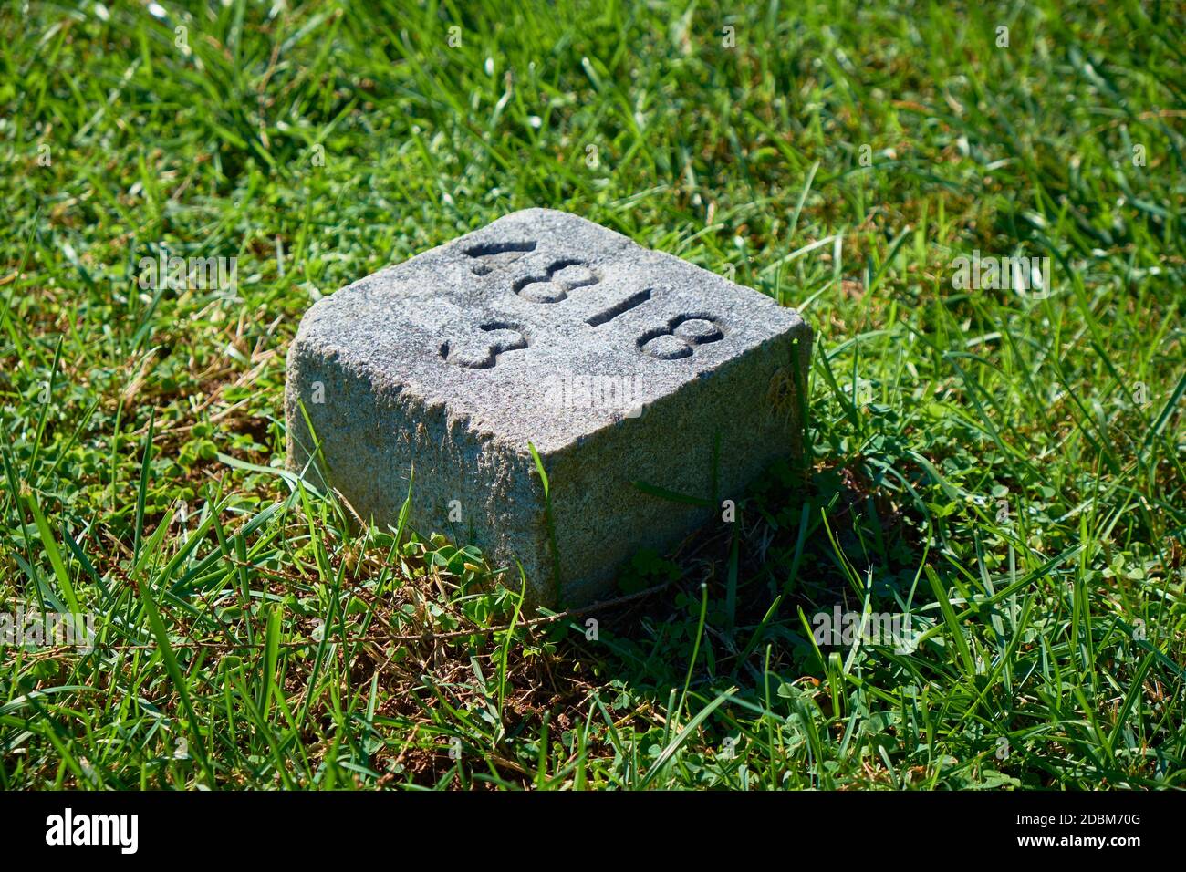 A closeup, detail of a small, stone block, numbered grave in the ...
