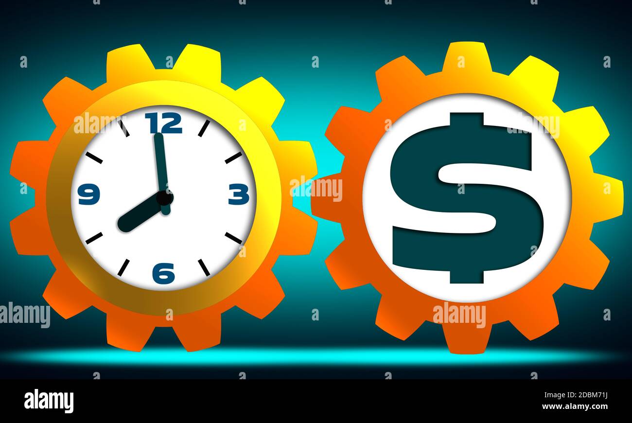Time is money concept with clock, dollar with gears, 3d rendering Stock ...