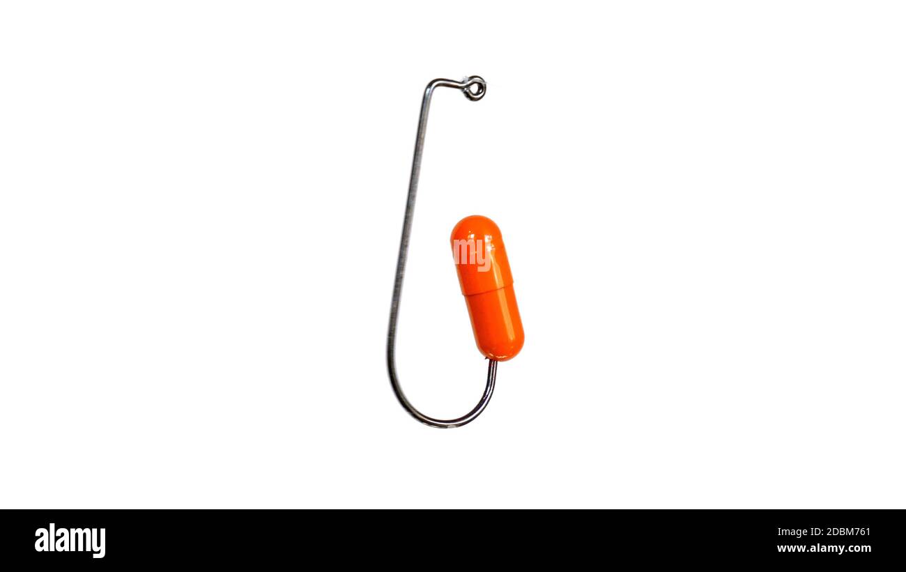 Orange Pill On A Fishing Hook Isolated On White Background Stock Photo ...