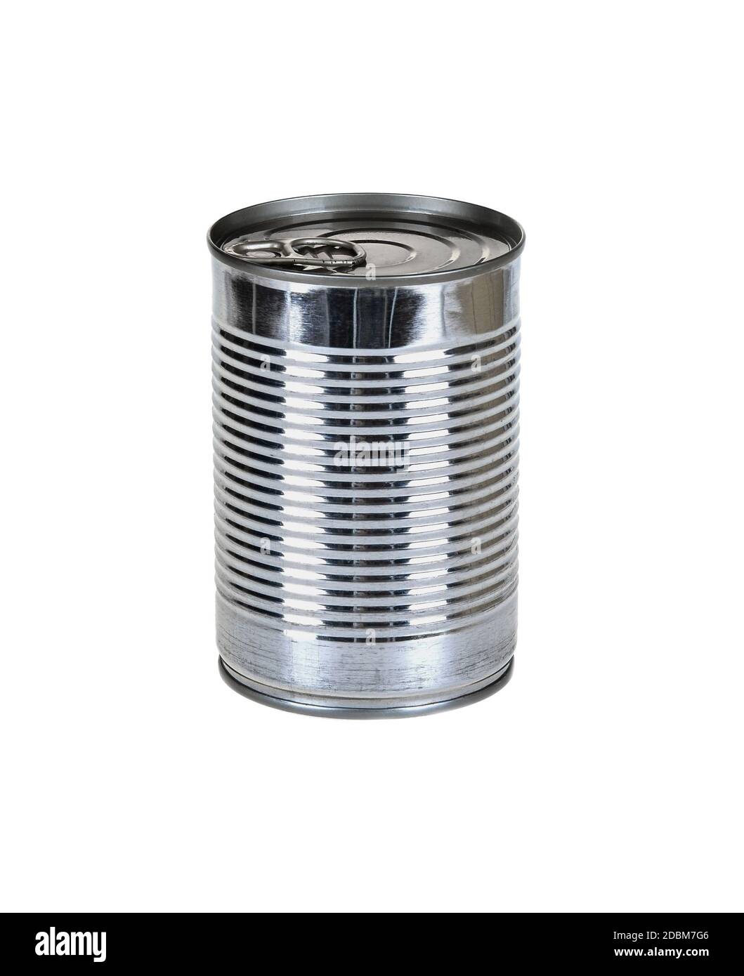 Closed cylindrical metallic tin can for preserved food isolated on a ...