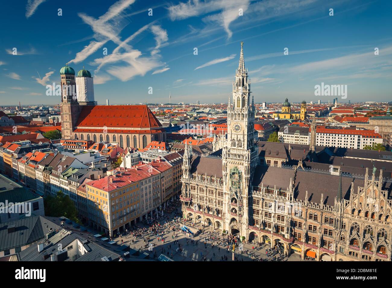 Aerial view of Munchen: Marienplatz, New Town Hall and Frauenkirche ...