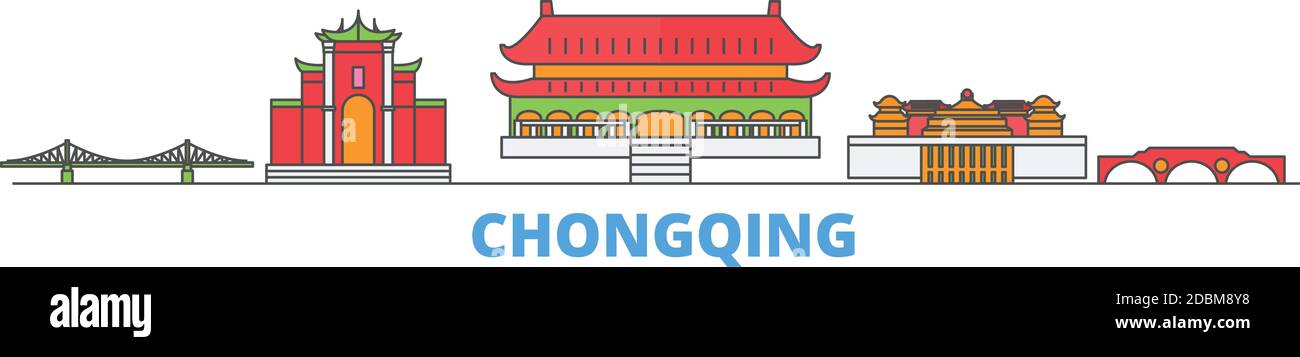 China, Chongqing line cityscape, flat vector. Travel city landmark ...