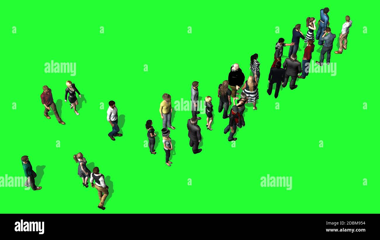 People standing in the row - top view on green screen Stock Photo - Alamy