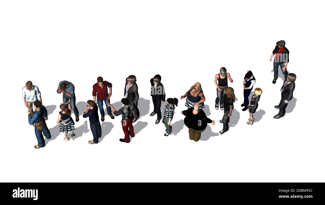 People standing in the row - top view - isolated on white background ...