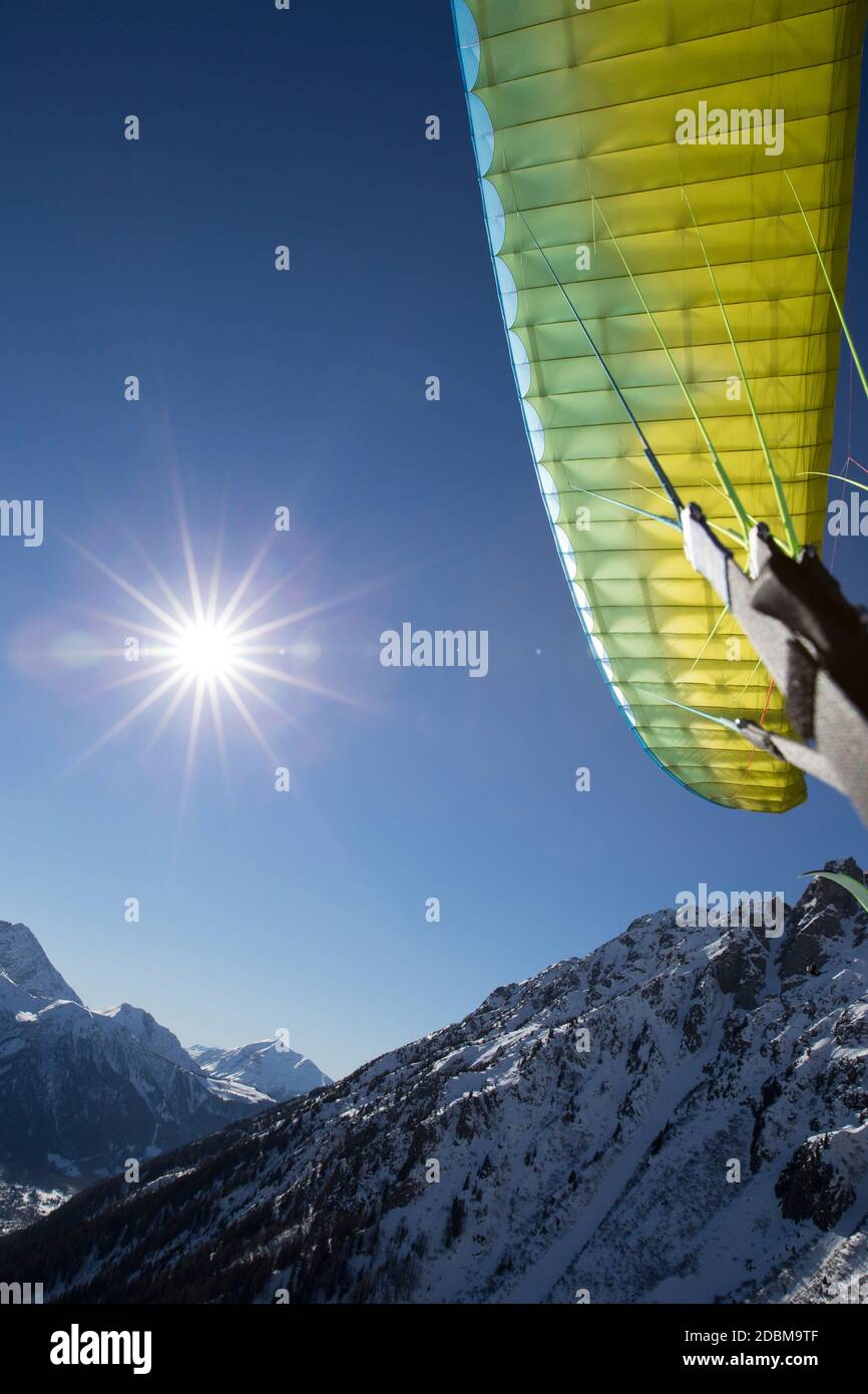 Paragliding in mountains, Chamonix, Haute-Savoie, France Stock Photo ...