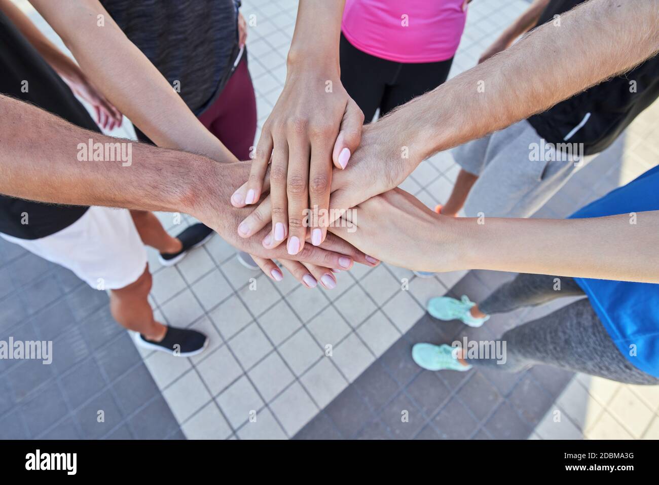 Top view of hands stacked in huddle Stock Photo - Alamy