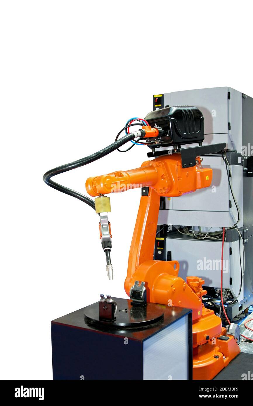 Orange robot arm for industry isolated on white Stock Photo - Alamy