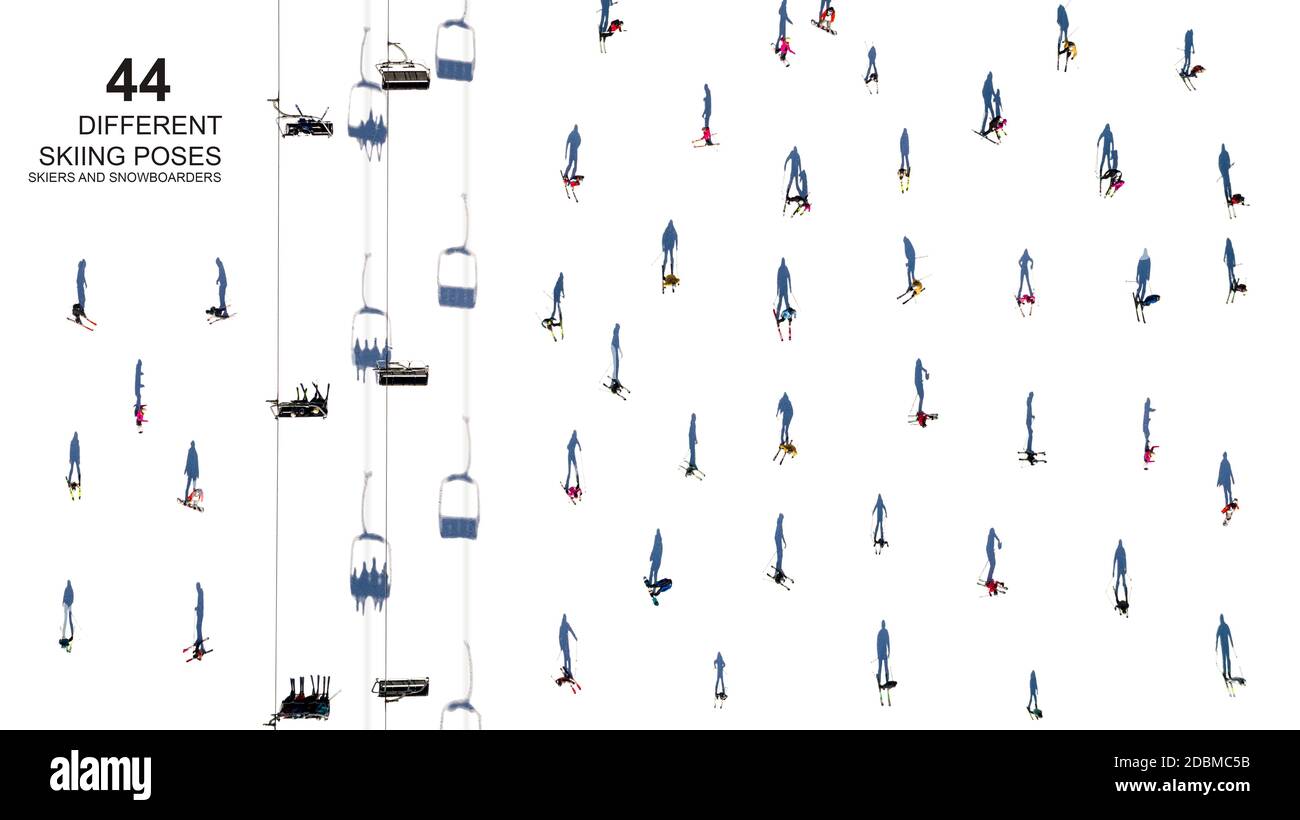 Different skiing poses for skiers and snowboarders. Isolated objects ...