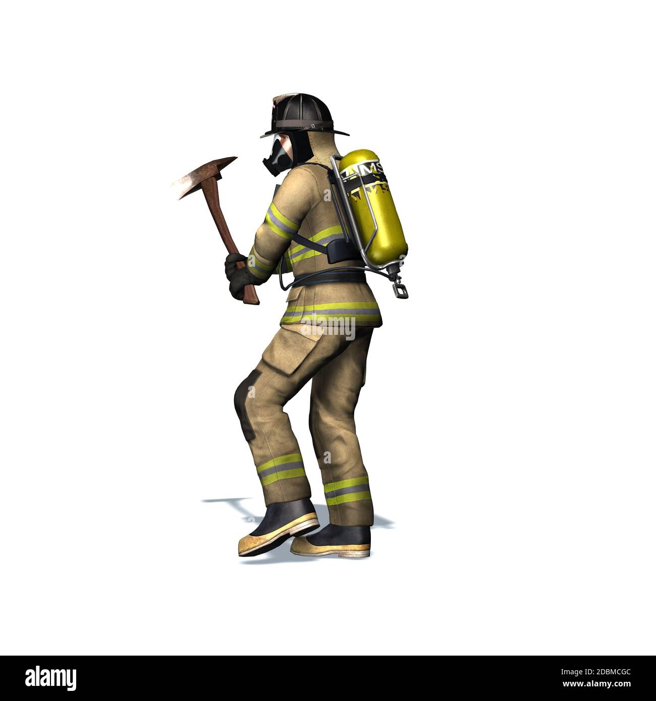 Fire fighter breaks door with axe - isolated on white background Stock ...