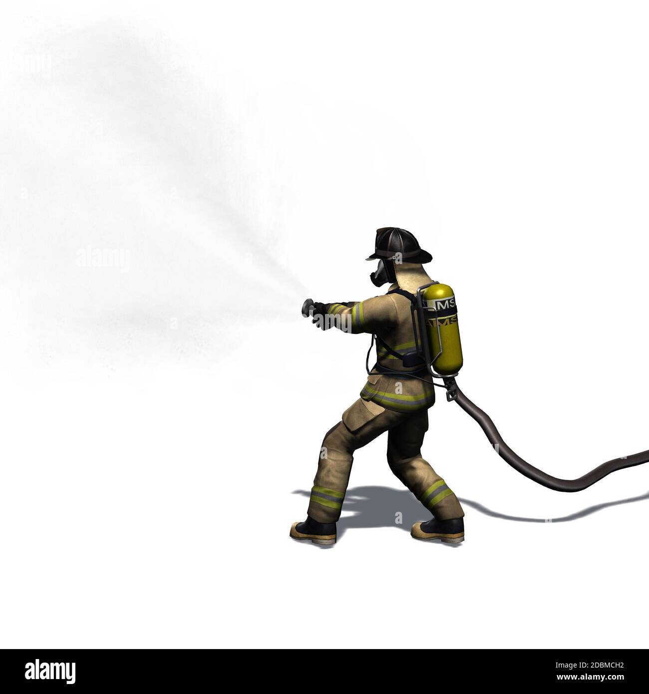 Fire fighter with water hose - isolated on white background Stock Photo ...