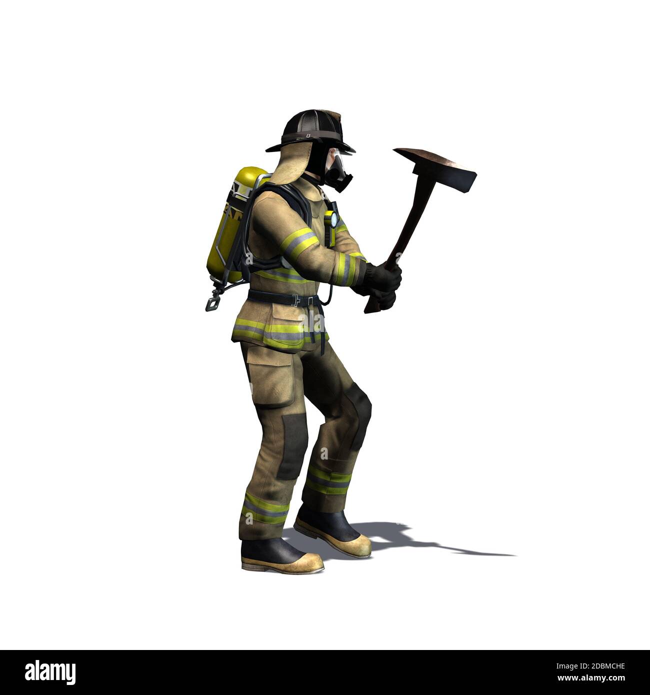 Fire fighter breaks door with axe - isolated on white background Stock ...