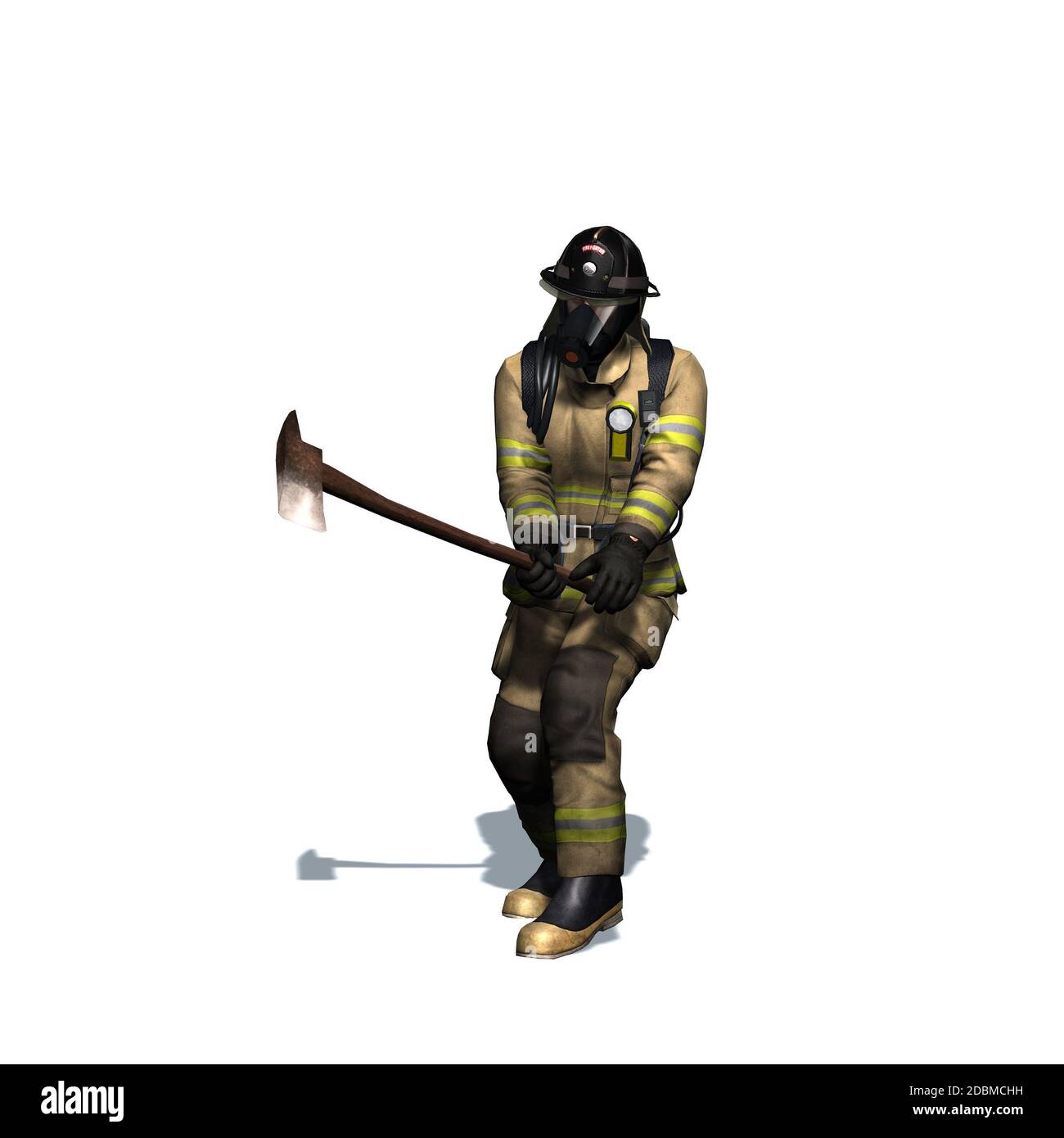 Fire fighter breaks door with axe - isolated on white background Stock ...