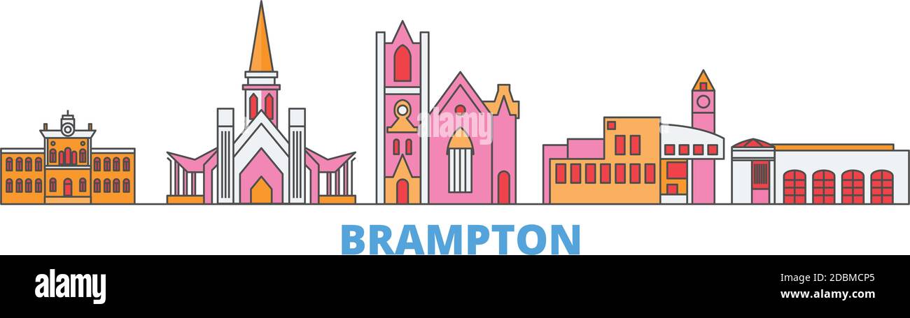 Canada, Brampton line cityscape, flat vector. Travel city landmark ...