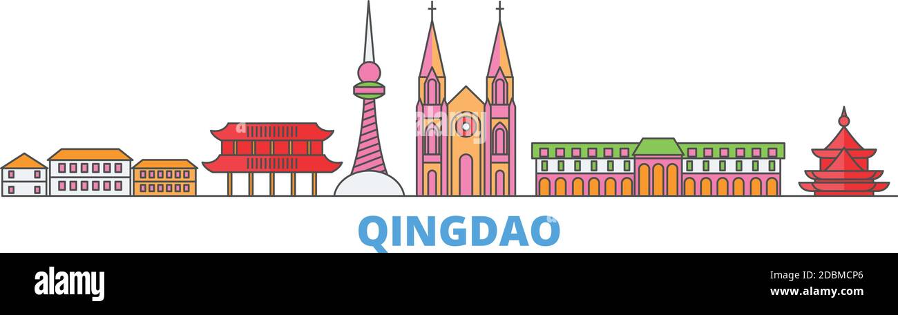 China, Qingdao line cityscape, flat vector. Travel city landmark ...
