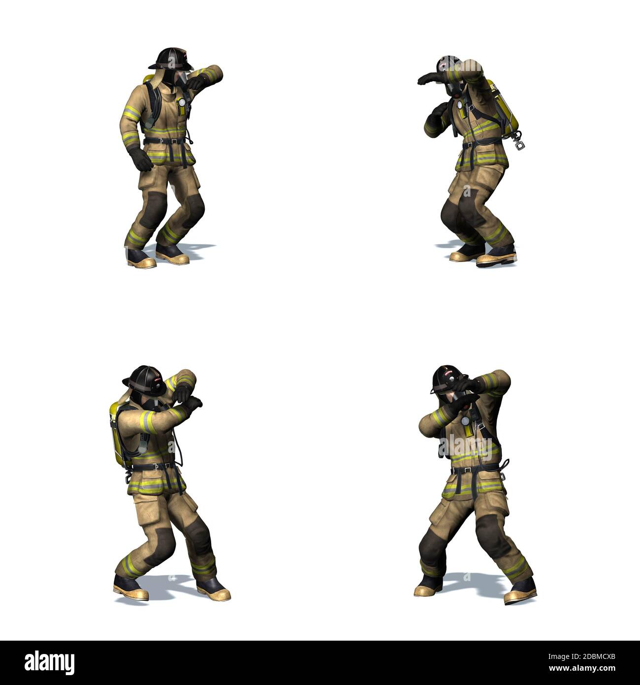 Set of Fire fighter retreats from flame - different views - isolated on ...