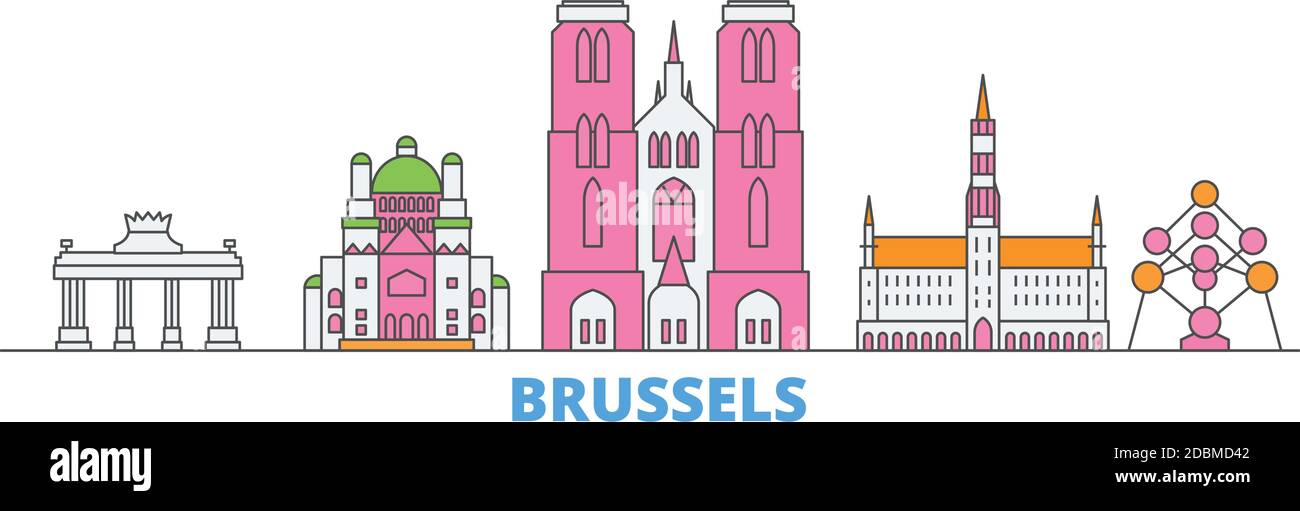 Belgium, Brussels line cityscape, flat vector. Travel city landmark ...