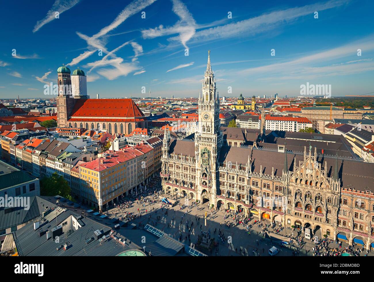 Aerial view of Munchen: Marienplatz, New Town Hall and Frauenkirche ...
