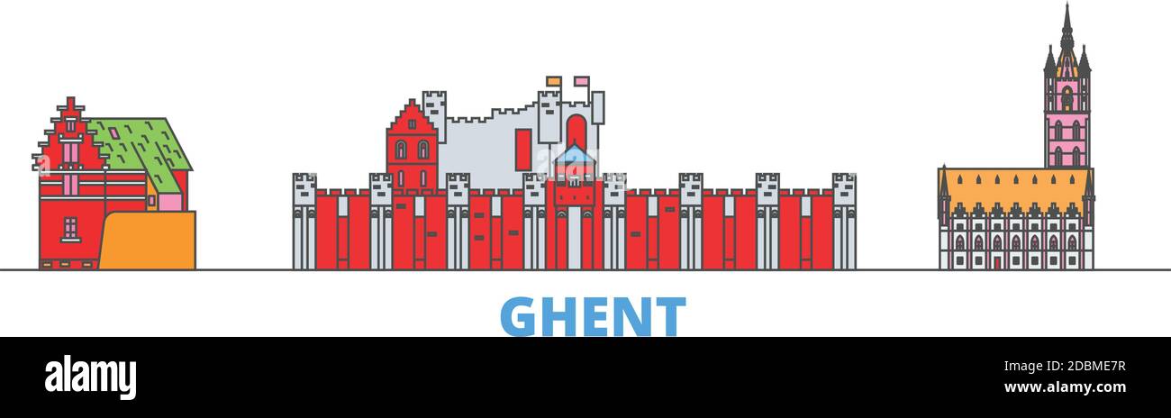 Belgium, Ghent line cityscape, flat vector. Travel city landmark ...