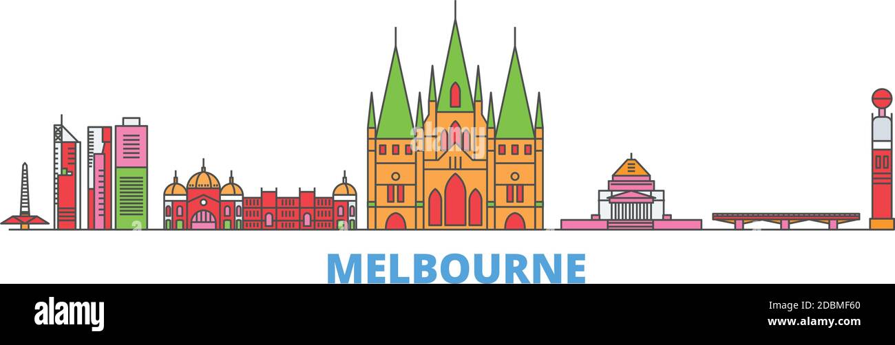 Australia, Melbourne line cityscape, flat vector. Travel city landmark ...