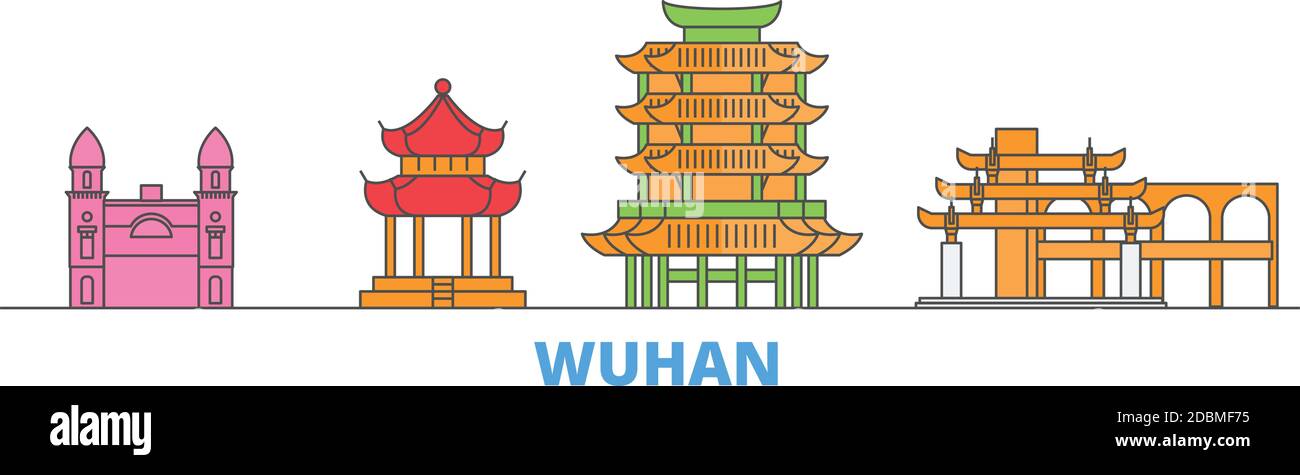 China, Wuhan line cityscape, flat vector. Travel city landmark, oultine ...