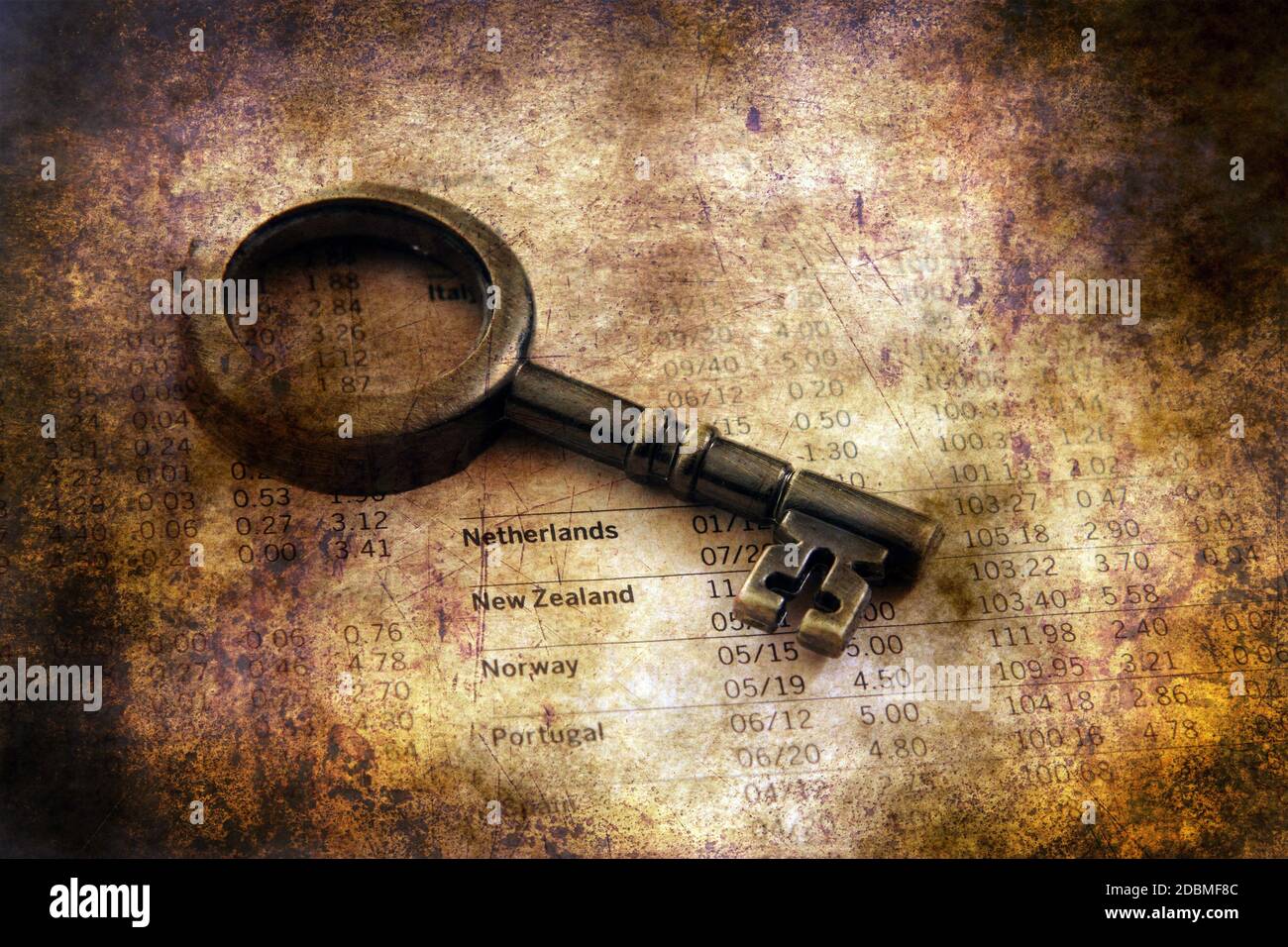 Old key on stock market report Stock Photo - Alamy