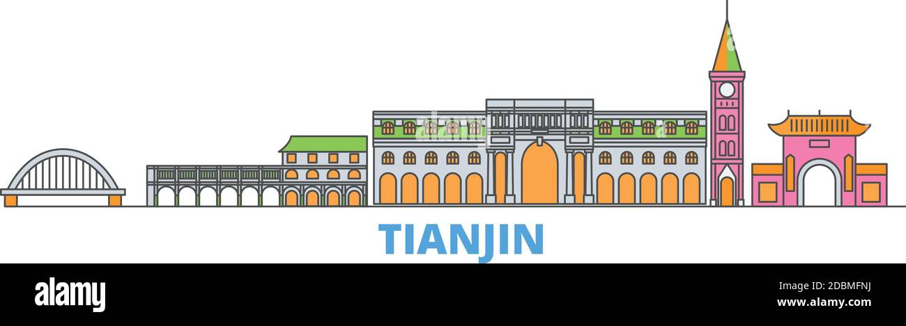 China, Tianjin City line cityscape, flat vector. Travel city landmark ...