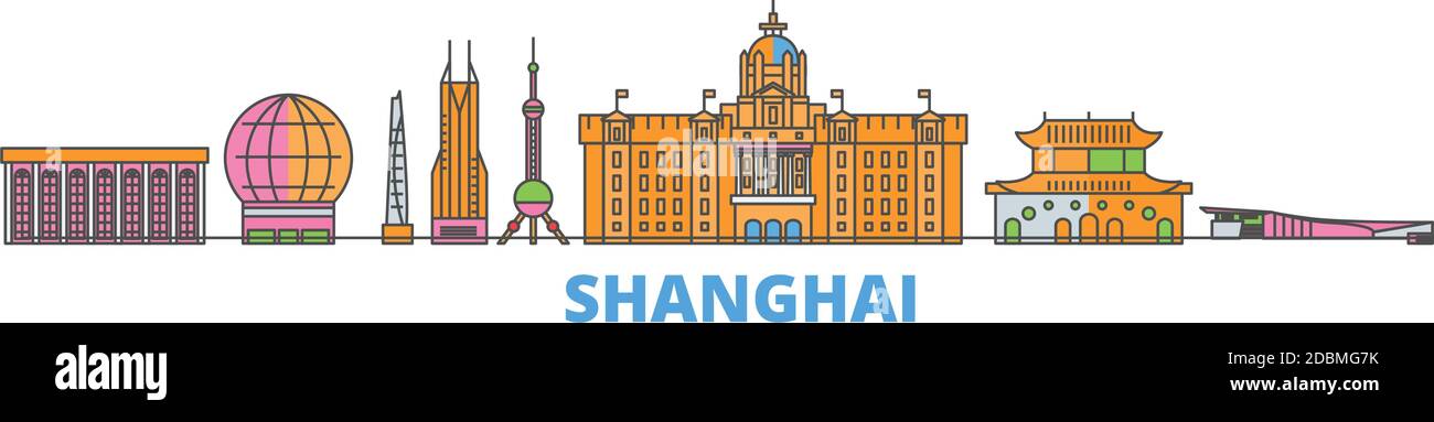China, Shanghai line cityscape, flat vector. Travel city landmark ...