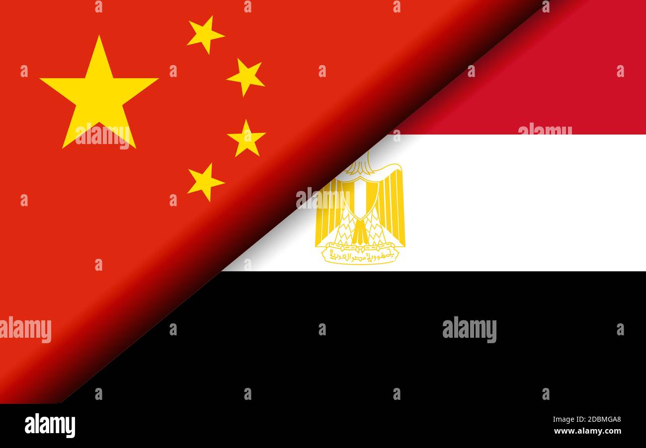 Flags of the China and Egypt divided diagonally. 3D rendering Stock ...
