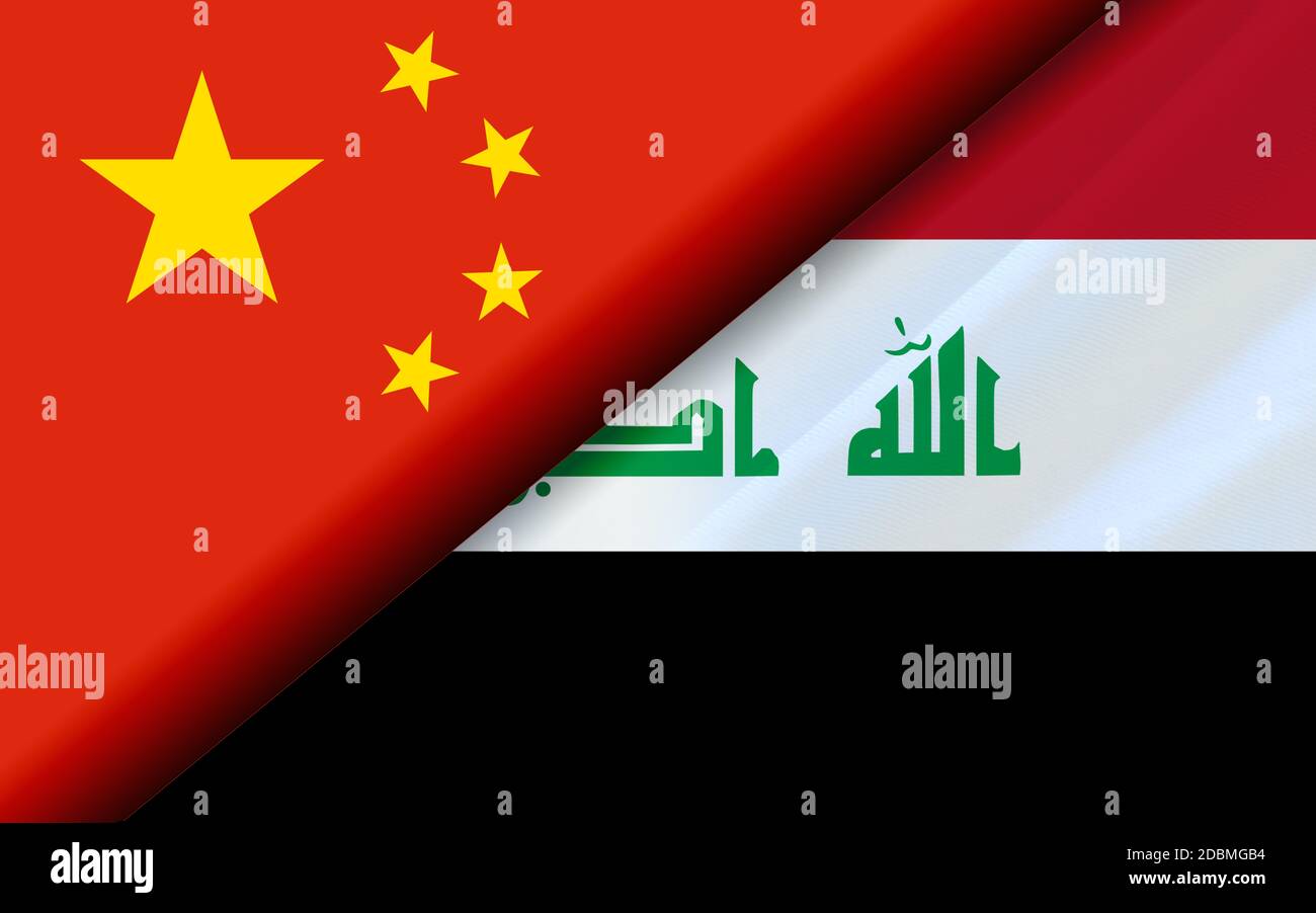Flags of the China and Iraq divided diagonally. 3D rendering Stock ...