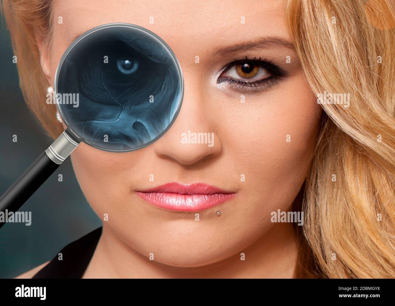 The X-ray with a magnifying glass from the face part of a human, the ...