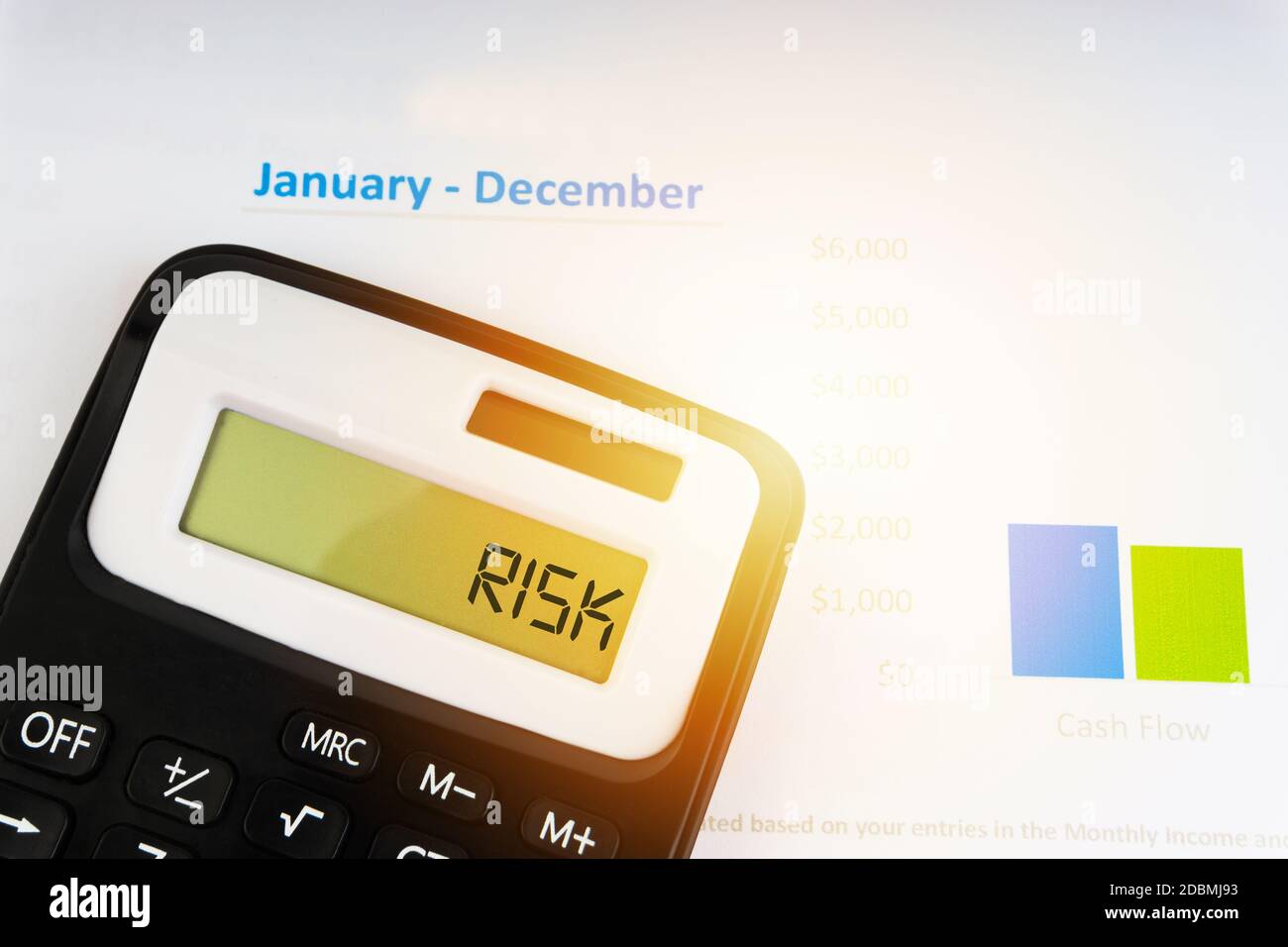 A calculator with the word RISK on the display. Selective focus and ...