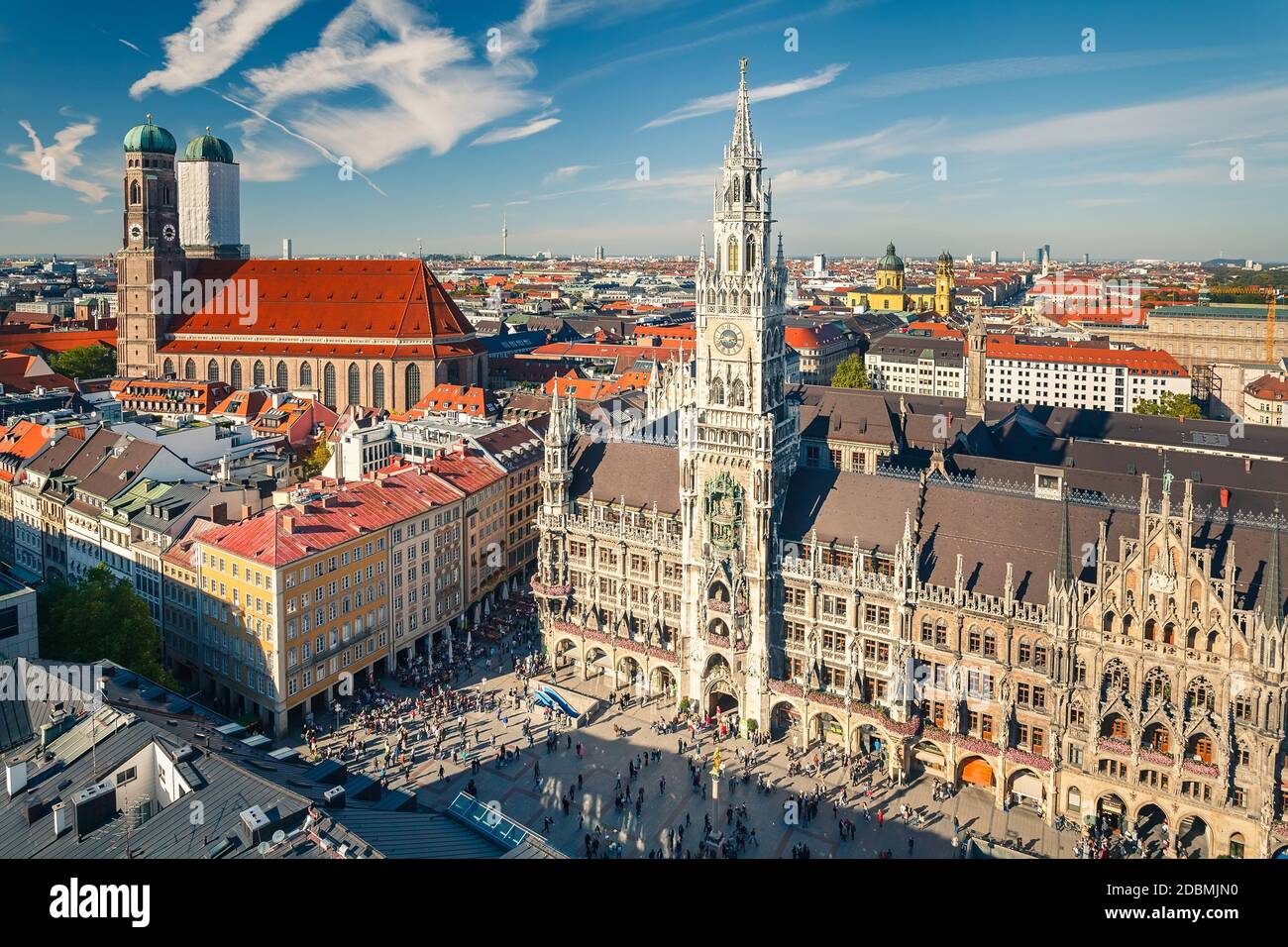 Aerial view of Munchen, Marienplatz, New Town Hall and Frauenkirche ...