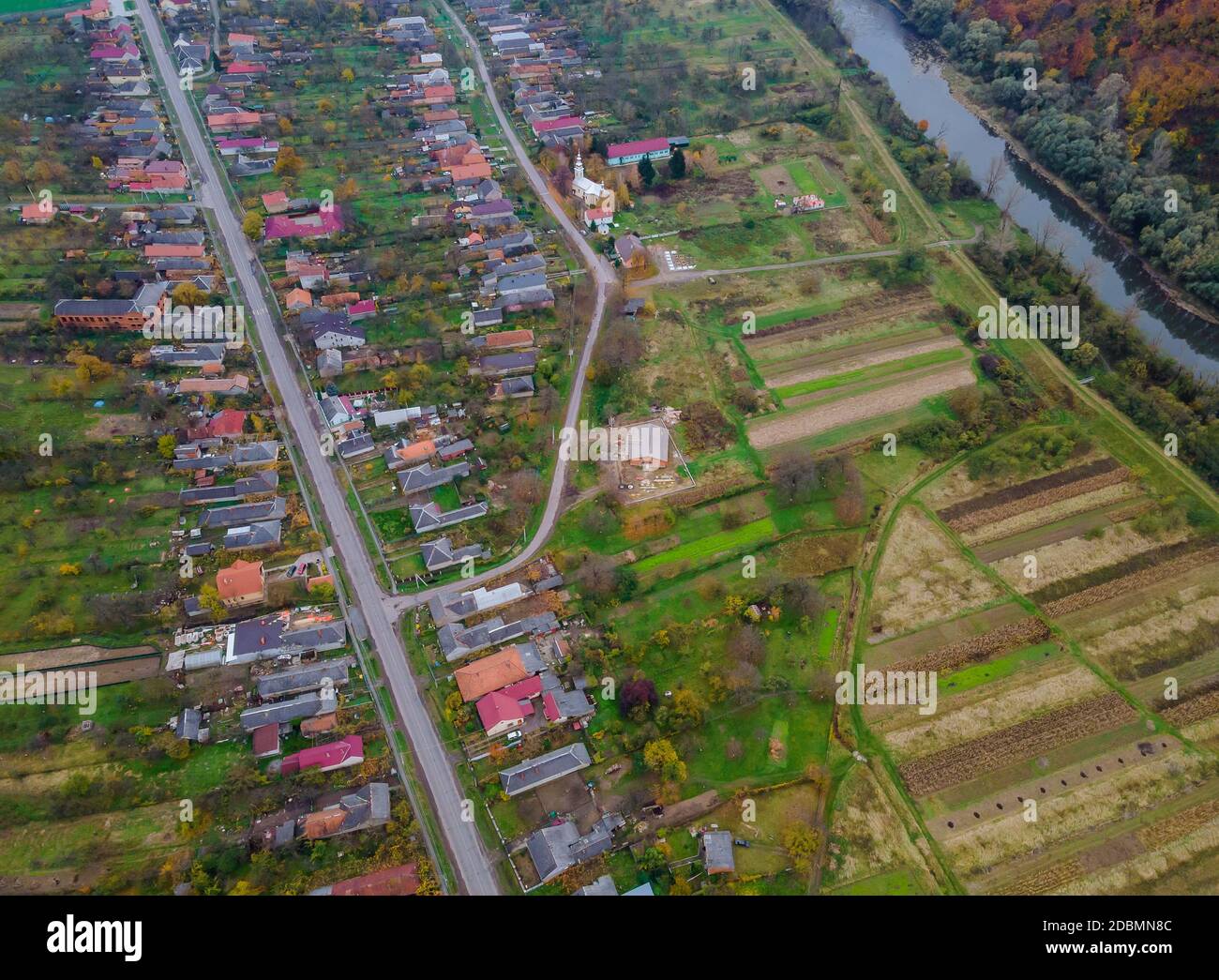 Aerial view from the height of the beautiful of rural village with ...