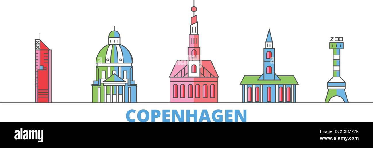 Denmark, Copenhagen City line cityscape, flat vector. Travel city ...