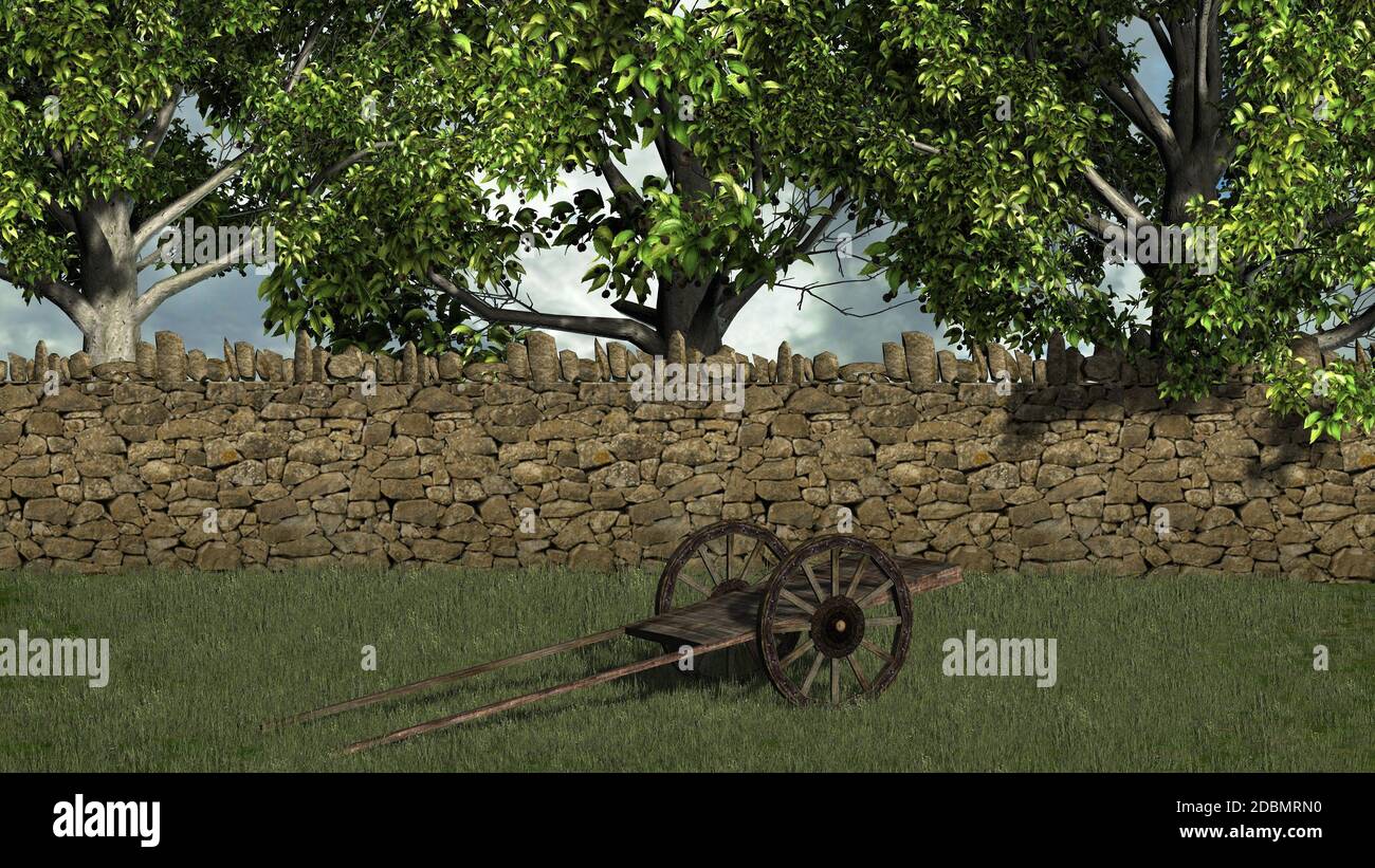 Ancient cart in front stone wall and trees Stock Photo - Alamy