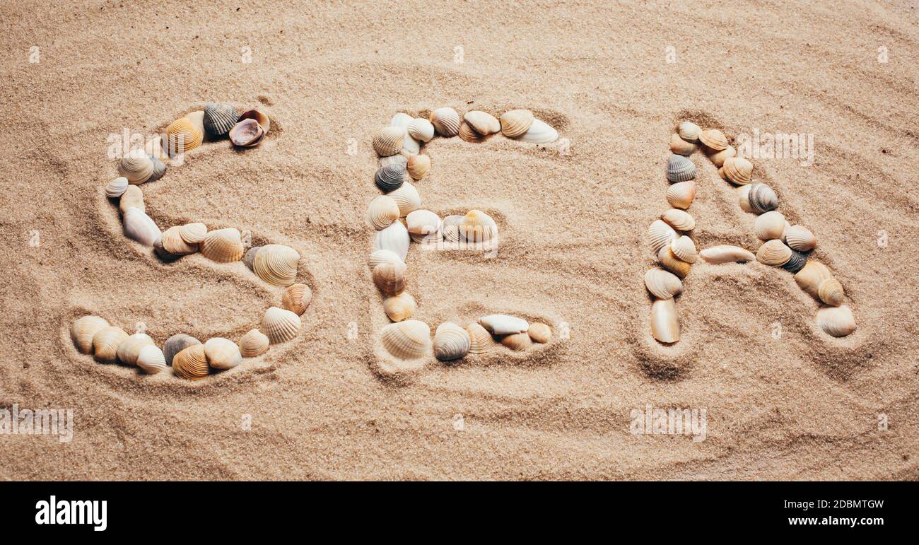 A beach with an inscription in English: sea. The letters are made by ...