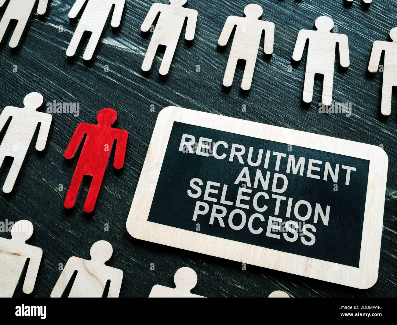 Recruitment and selection process phrase and small figures and red one ...