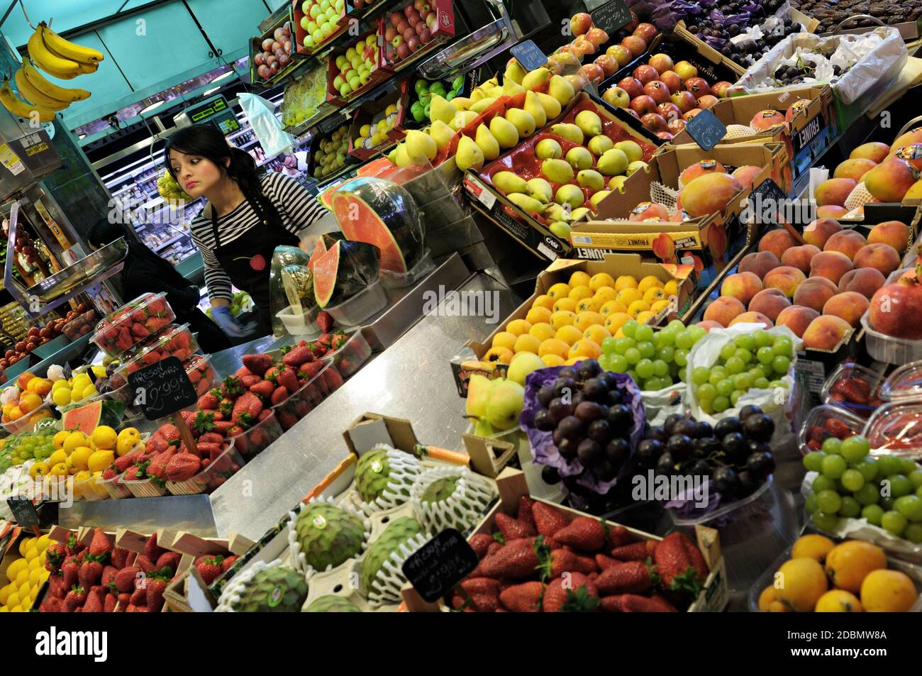 Various fruits at La Boqueria market in Barcelona, Catalonia, Spain ...