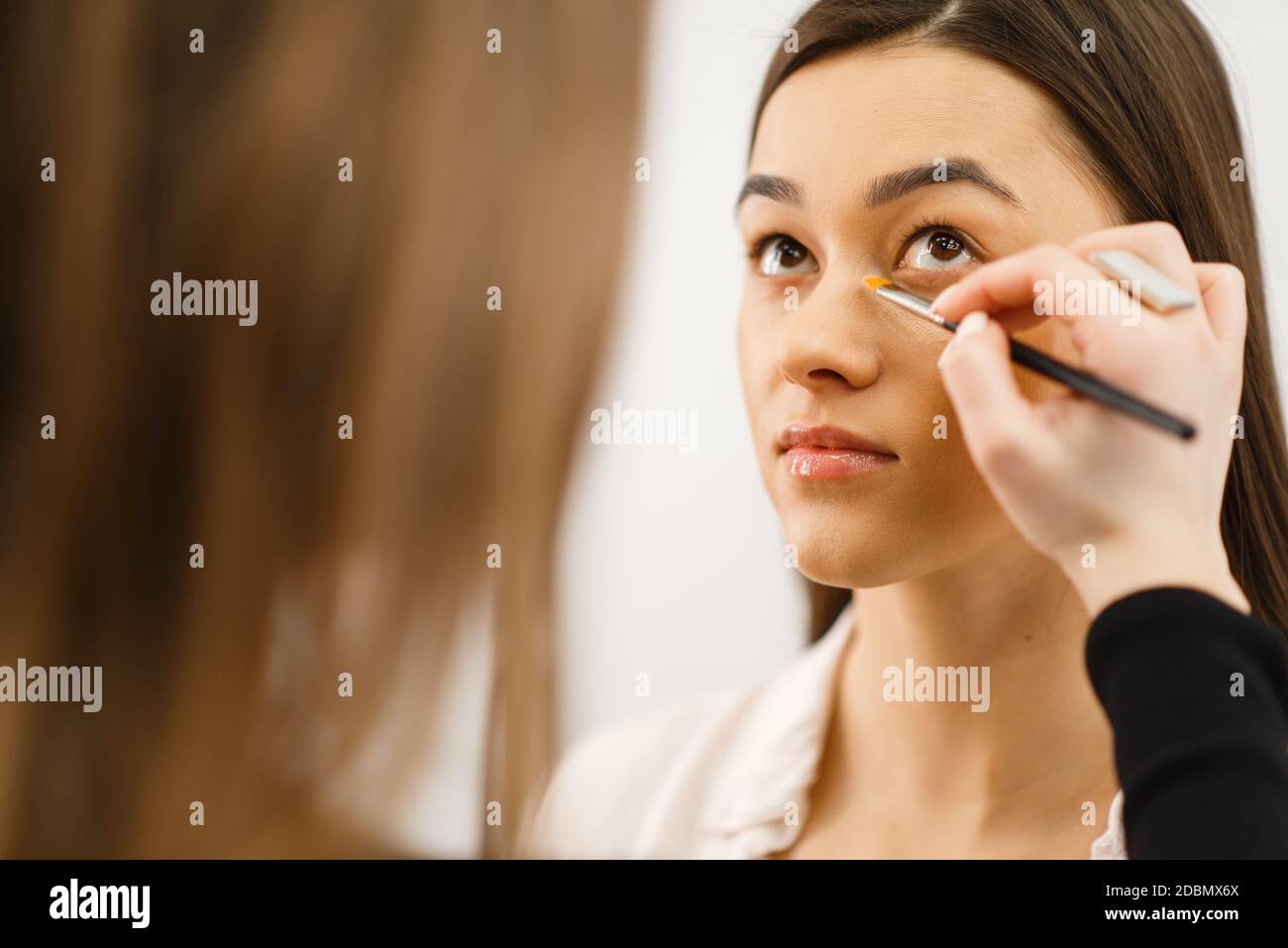 Cosmetician applies makeup on a woman's face in cosmetics store. Luxury ...