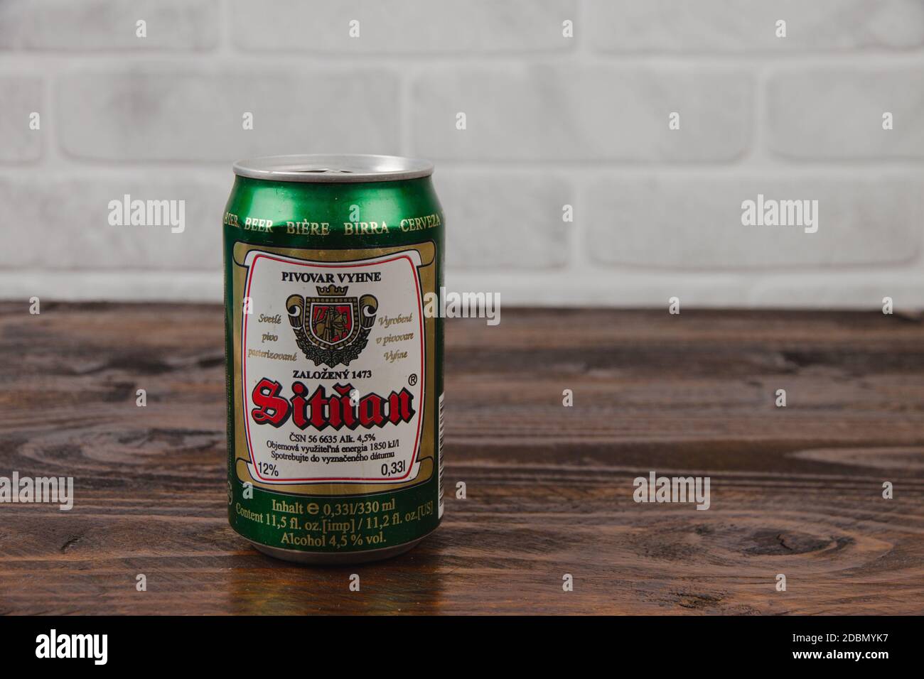 An old aluminium can of Sitnan Slovak beer against the brick wall Stock ...