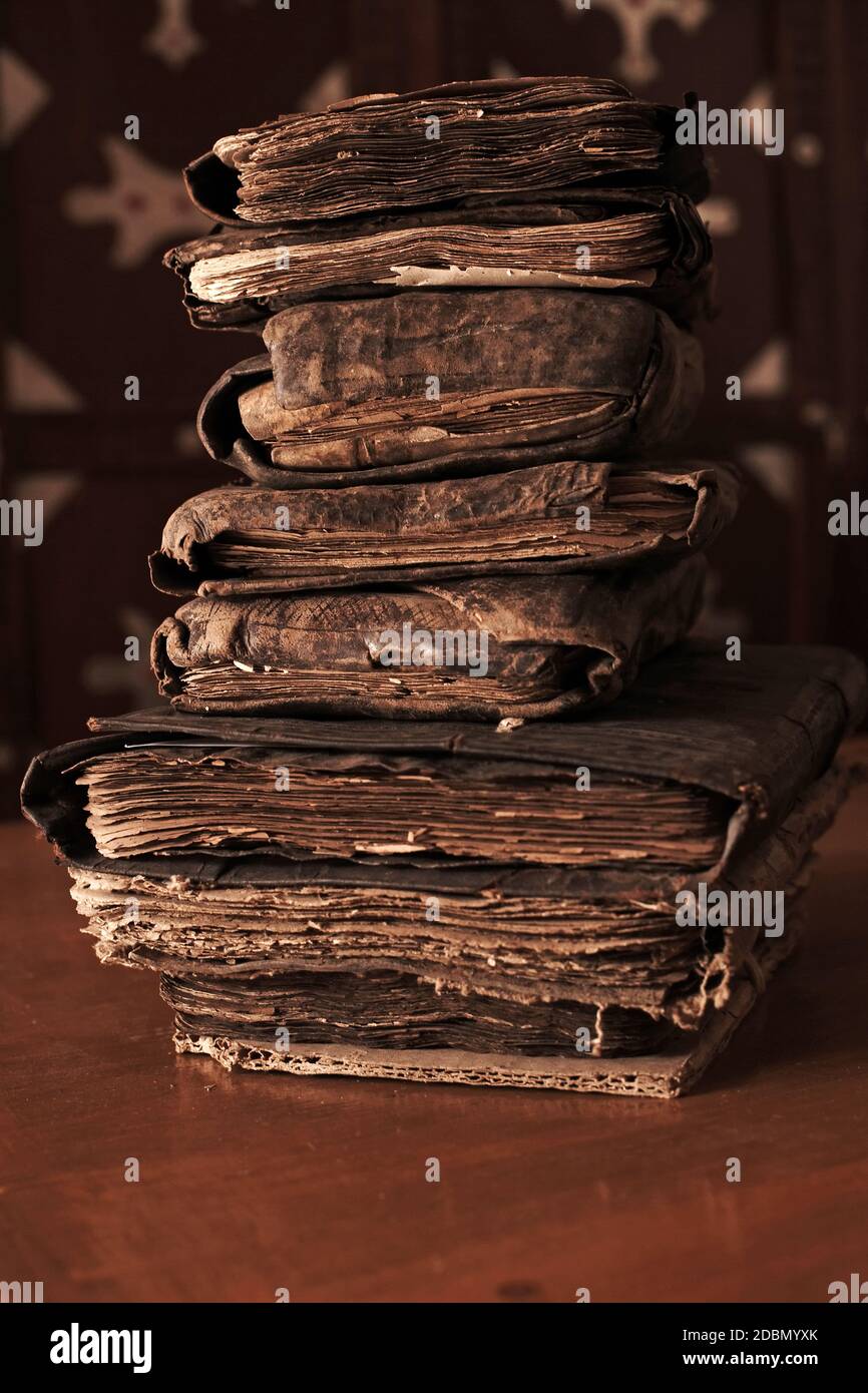 A stack of manuscripts in theprivate library "Mama Haidara" in Timbuktu ...