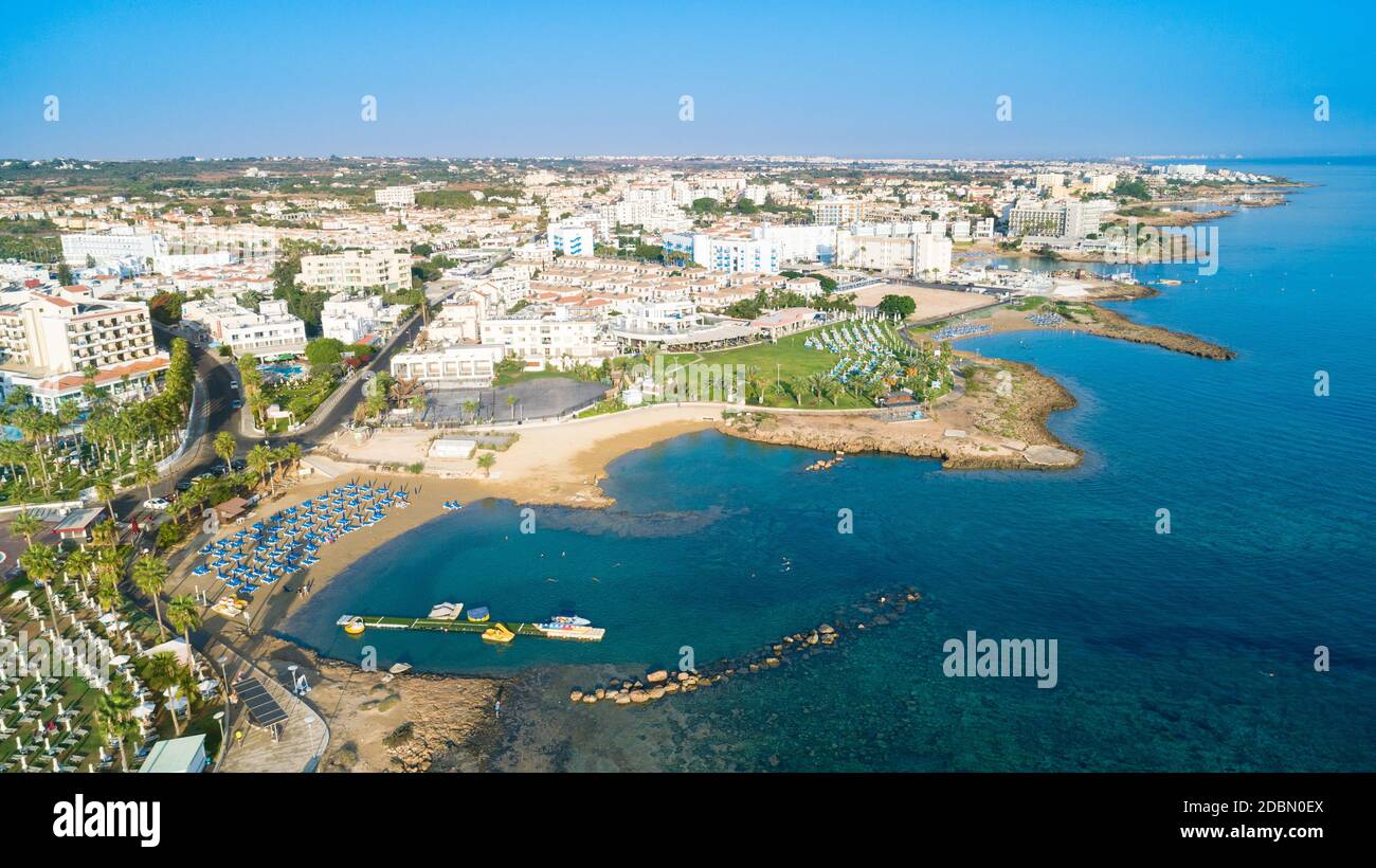 Aerial bird's eye view of Pernera beach in Protaras, Paralimni ...