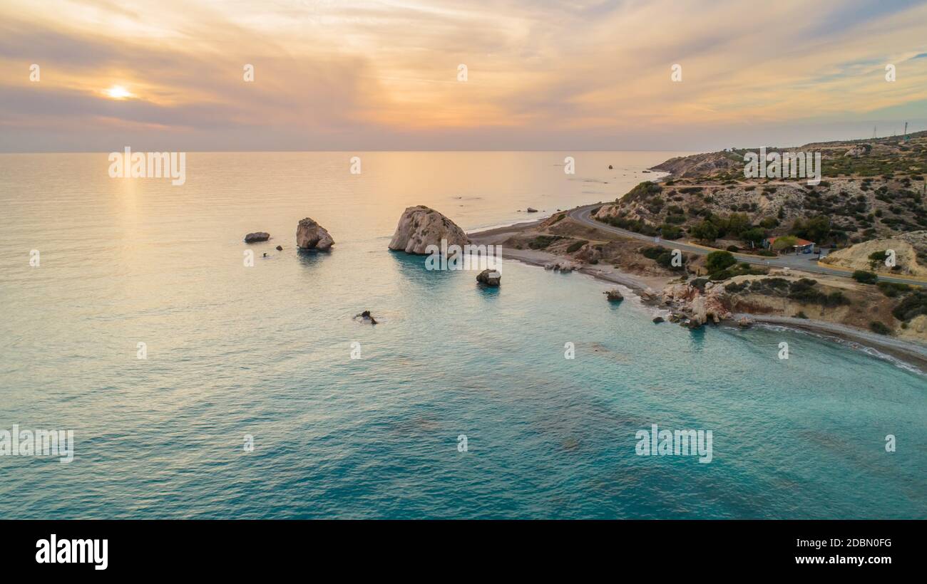 Aerial Bird's eye view of Petra tou Romiou, aka Aphrodite's rock a ...