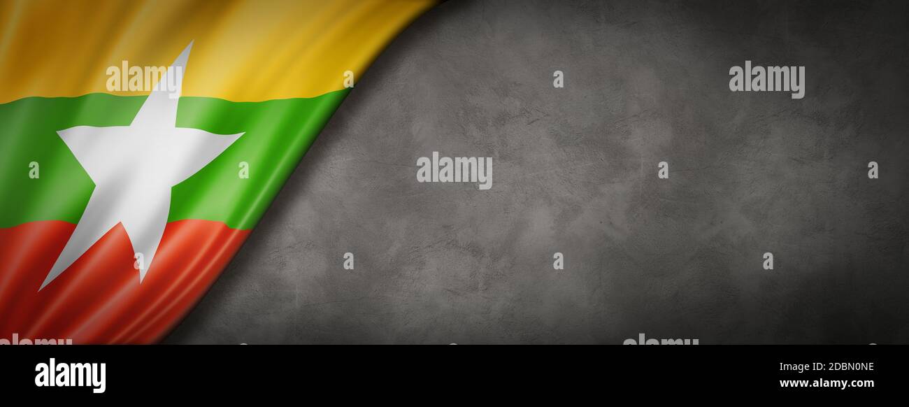 Burma Myanmar flag on concrete wall. Horizontal panoramic banner. 3D illustration Stock Photo ...
