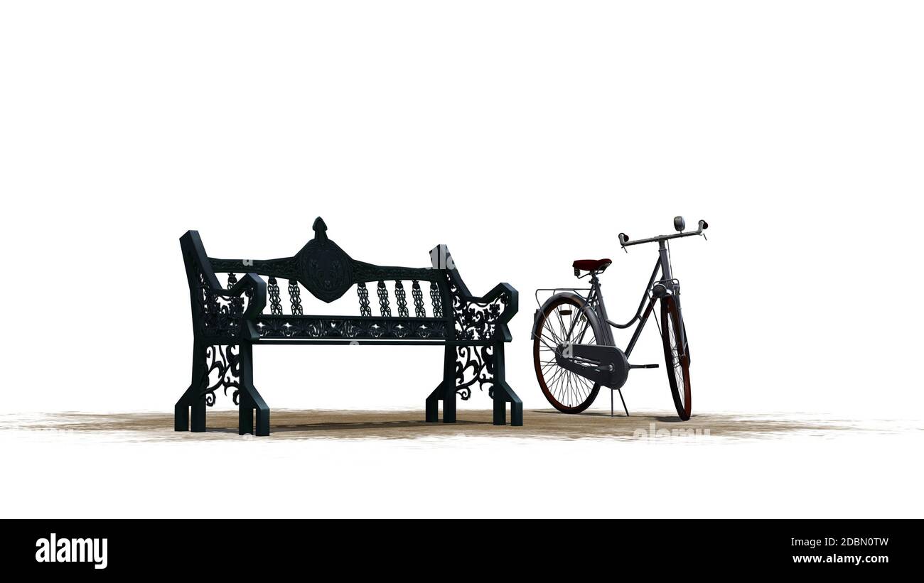 Bicycle next to a park bench - isolated on white background Stock Photo ...