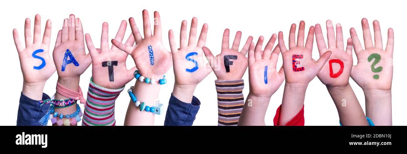 Children Hands Building Colorful English Word Satisfied. White Isolated ...