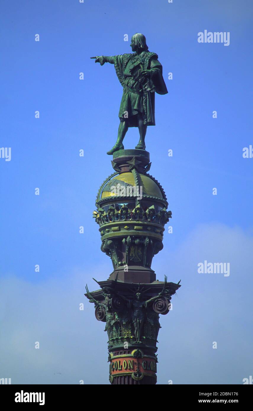 BARCELONA, SPAIN - Statue on tower of explorer Christopher Columbus ...