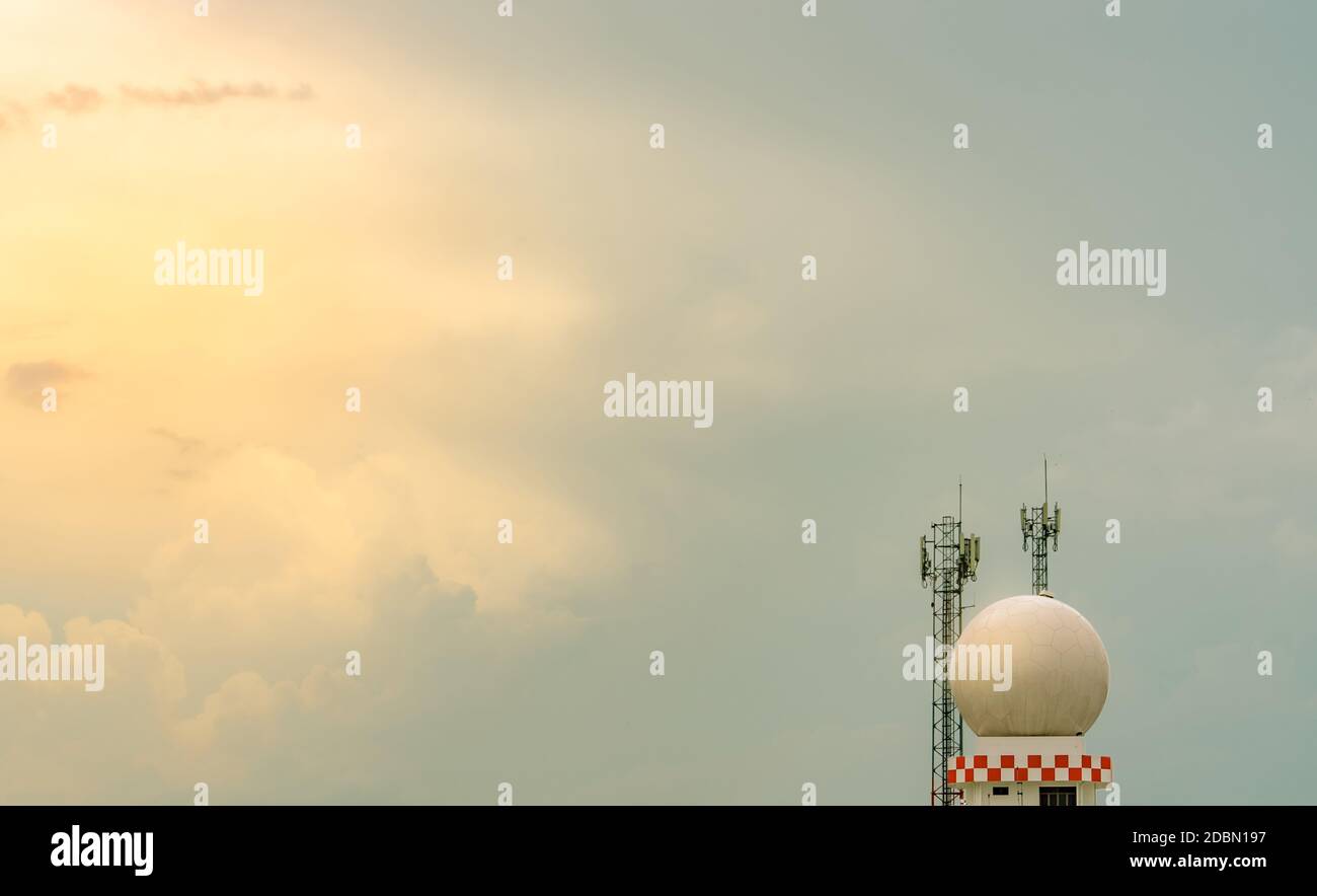 Weather observations radar dome station and telecommunication tower ...